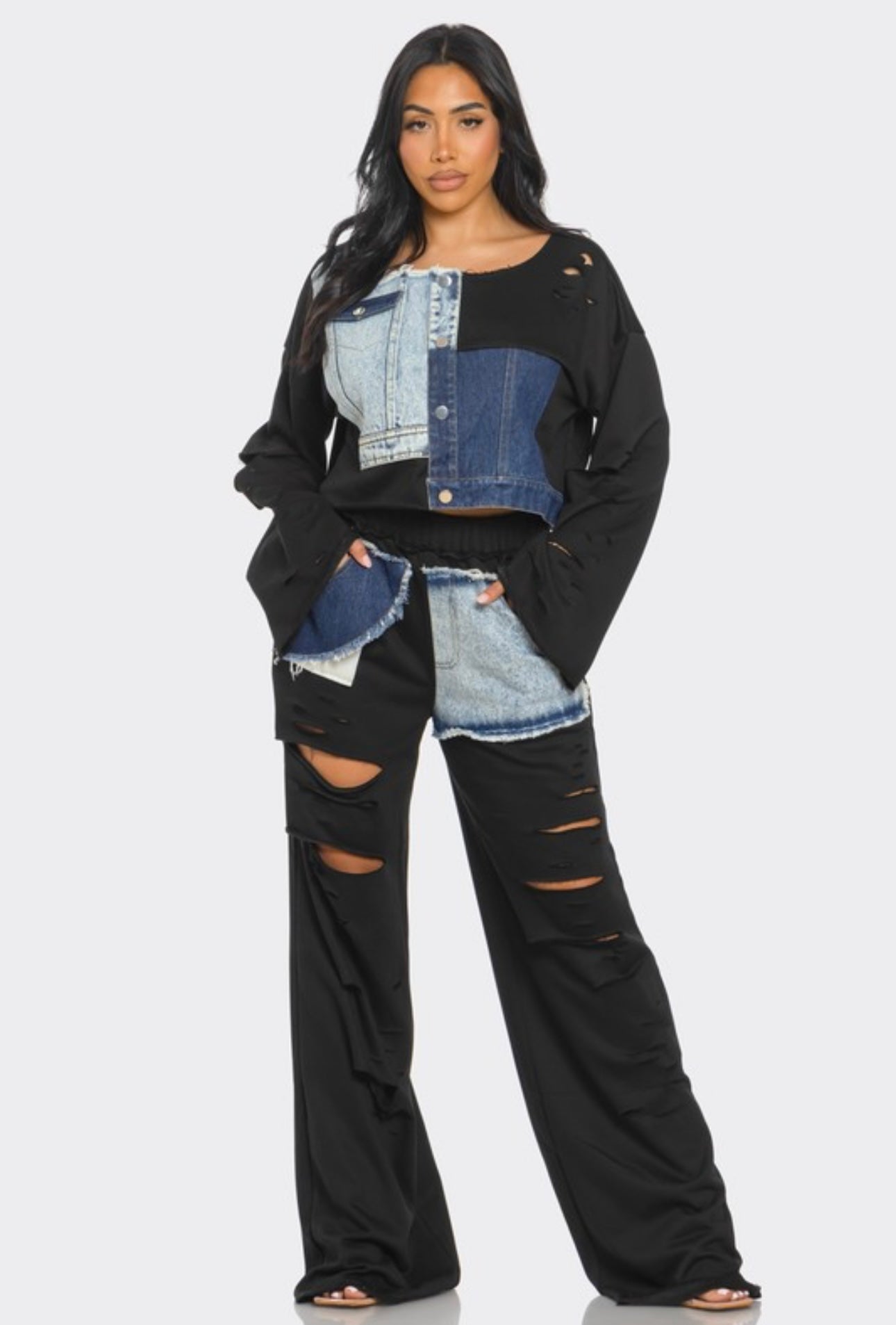 “Dawn” Distressed Black Sweat Set with Denim Patches – BLOSSOMS BOUTIQUE