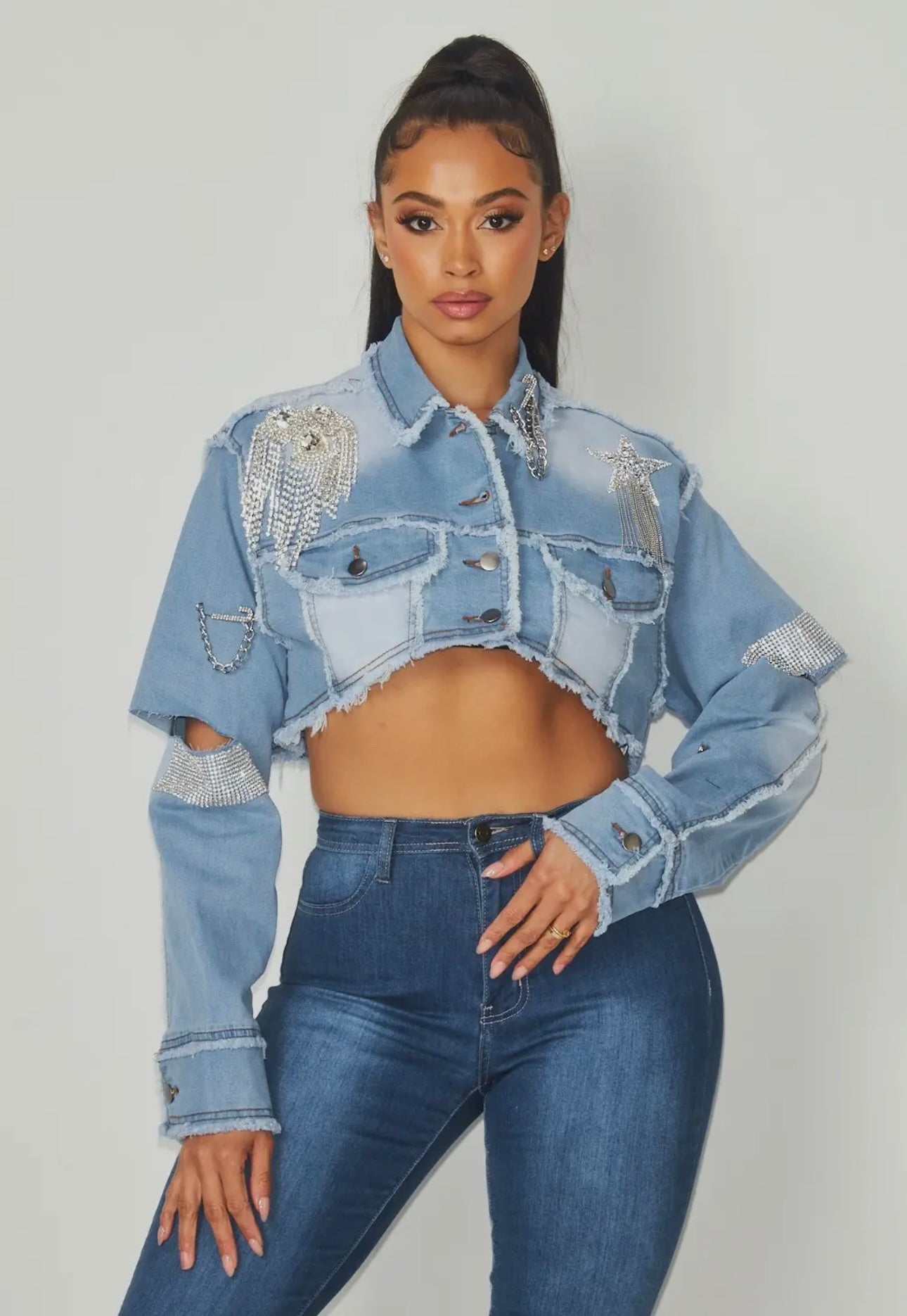 Denim Rhinestone Cropped Jacket – BLOSSOMS BOUTIQUE